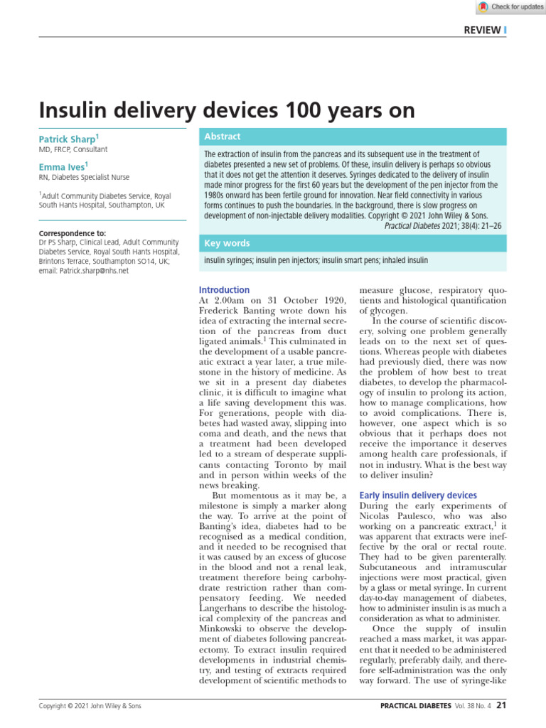 Practical Diabetes - 2021 - Sharp - Insulin delivery devices 100 years ...