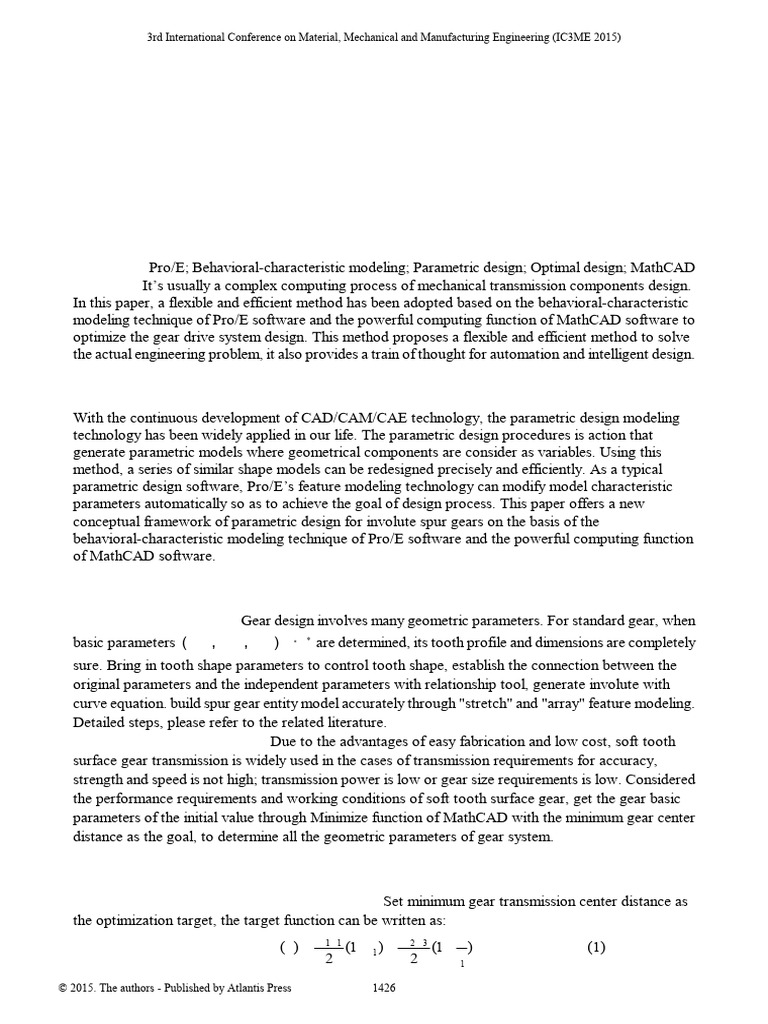 Parametric Design of Involute Spur Gear Transmission System Based On ProEngineer and Mathcada | PDF