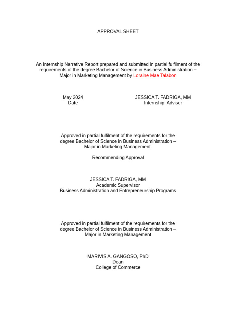 BA 421 Internship Approval Sheet | PDF