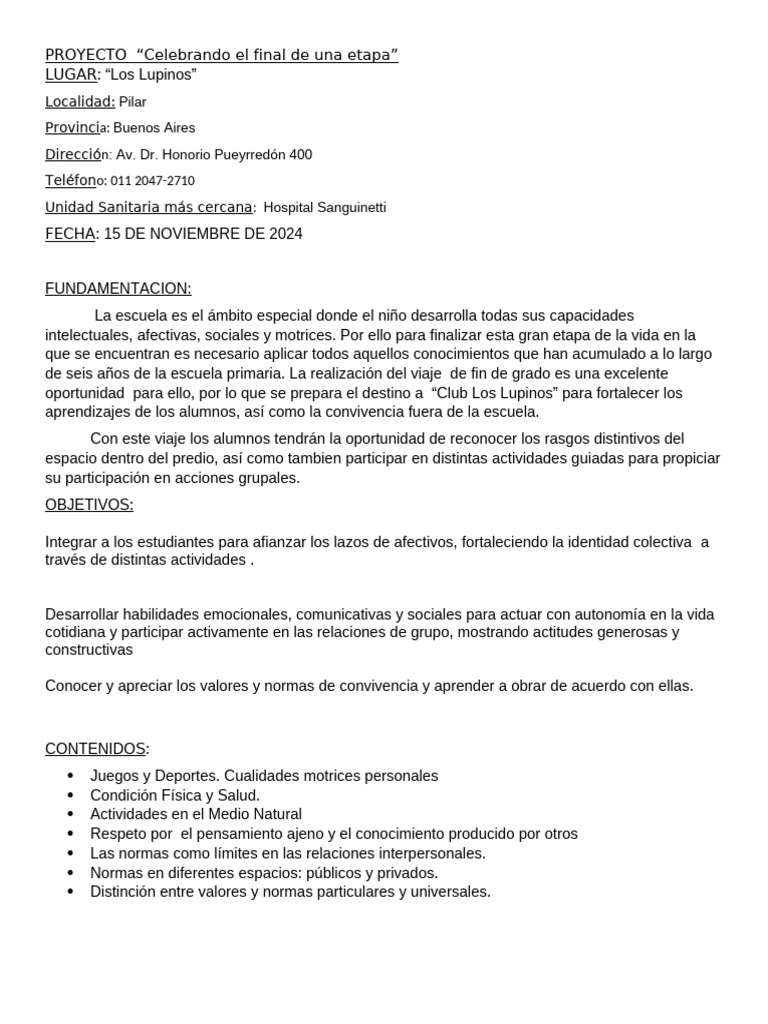 PROYECTO Viaje de EGRESADOS 6T0 A 2024 | PDF | Salud y bienestar