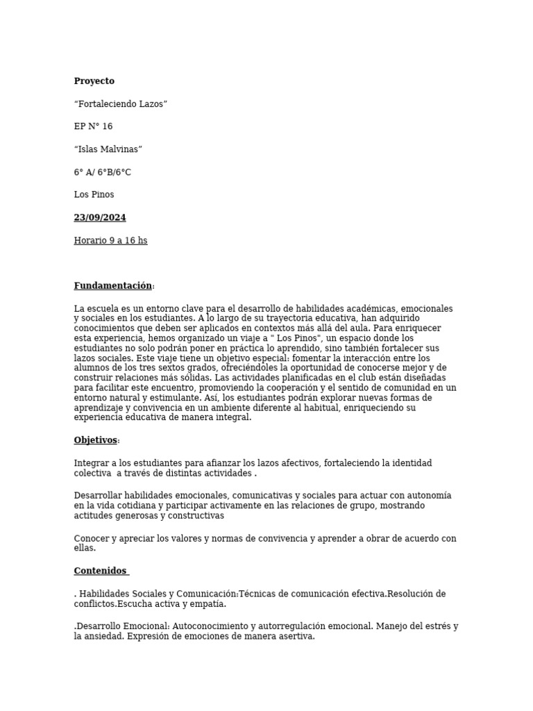 Proyecto Los Pinos 2024 | PDF | Las emociones | Aprendizaje