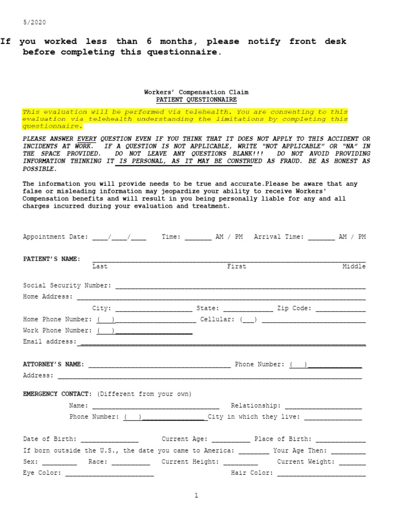 03 - New WC Questionnaire - Fillable | PDF