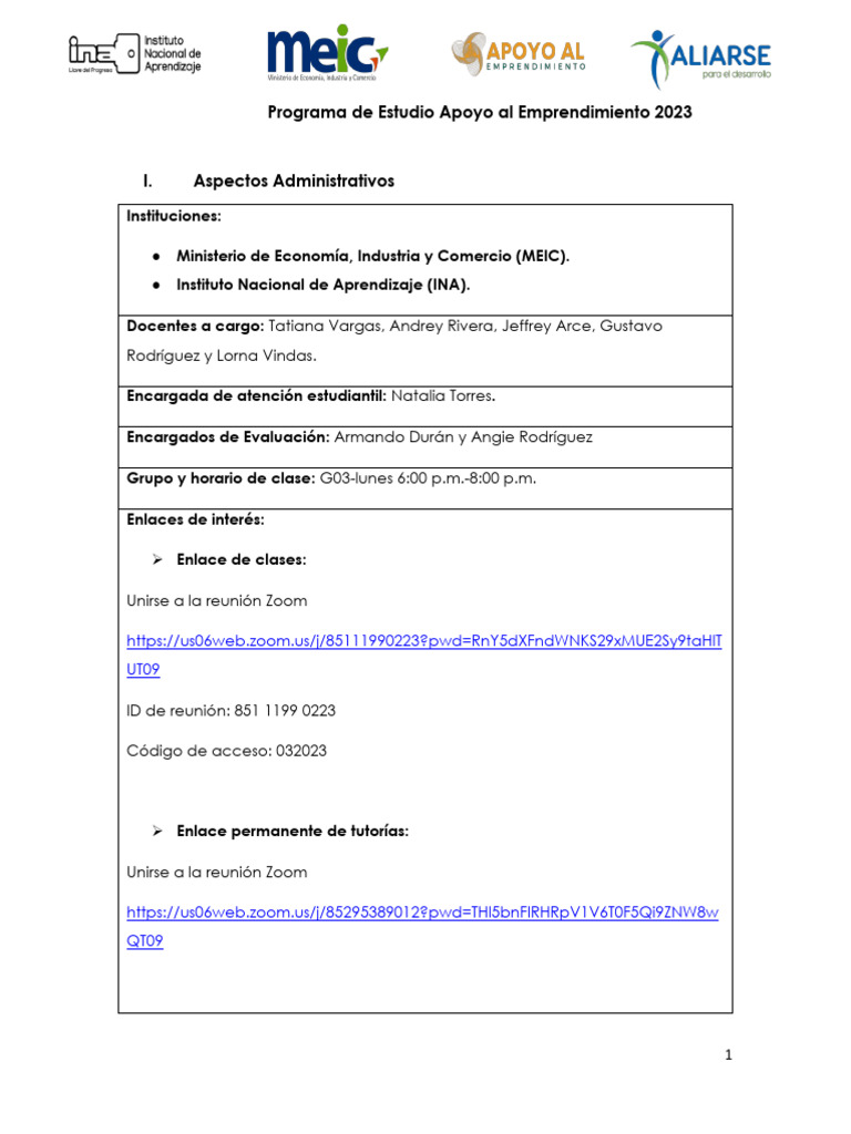 Programa Del Curso Apoyo Al Emprendimiento 2023 | PDF