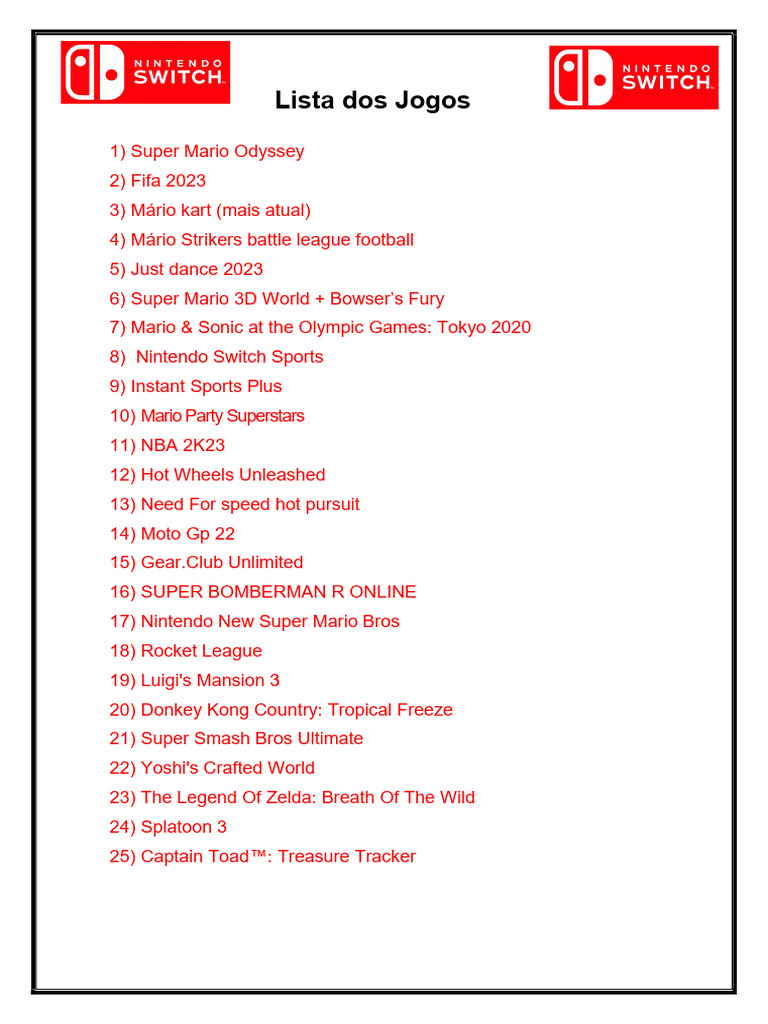 Lista de Jogos Nintendo Switch - Hugo Lira | PDF