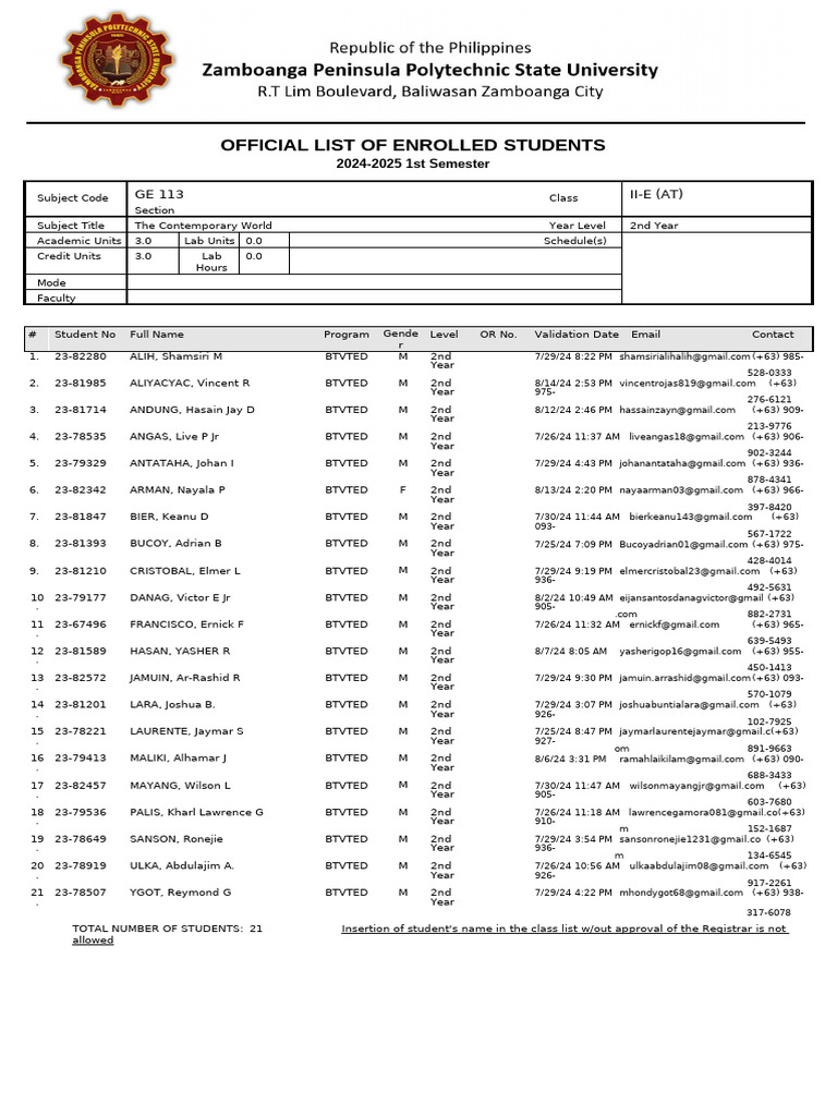 Official List of Enrolled Students: GE 113 II-E (AT) | PDF