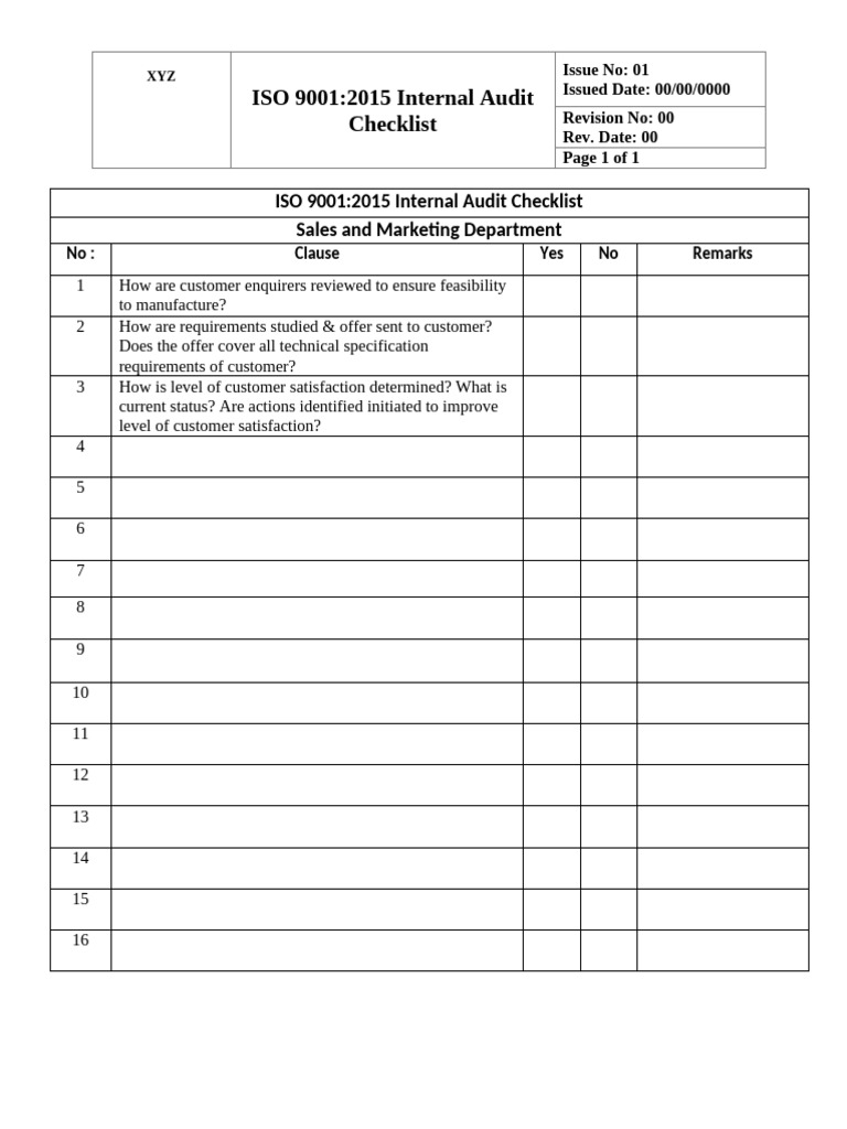 ISO 9001 Sales & Marketing Audit Checklist | PDF