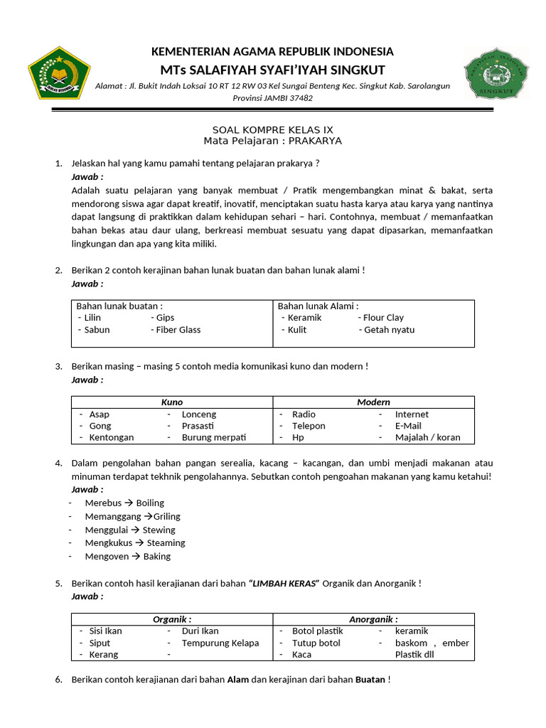 Soal Kompre Prakarya Dan Kwu | PDF