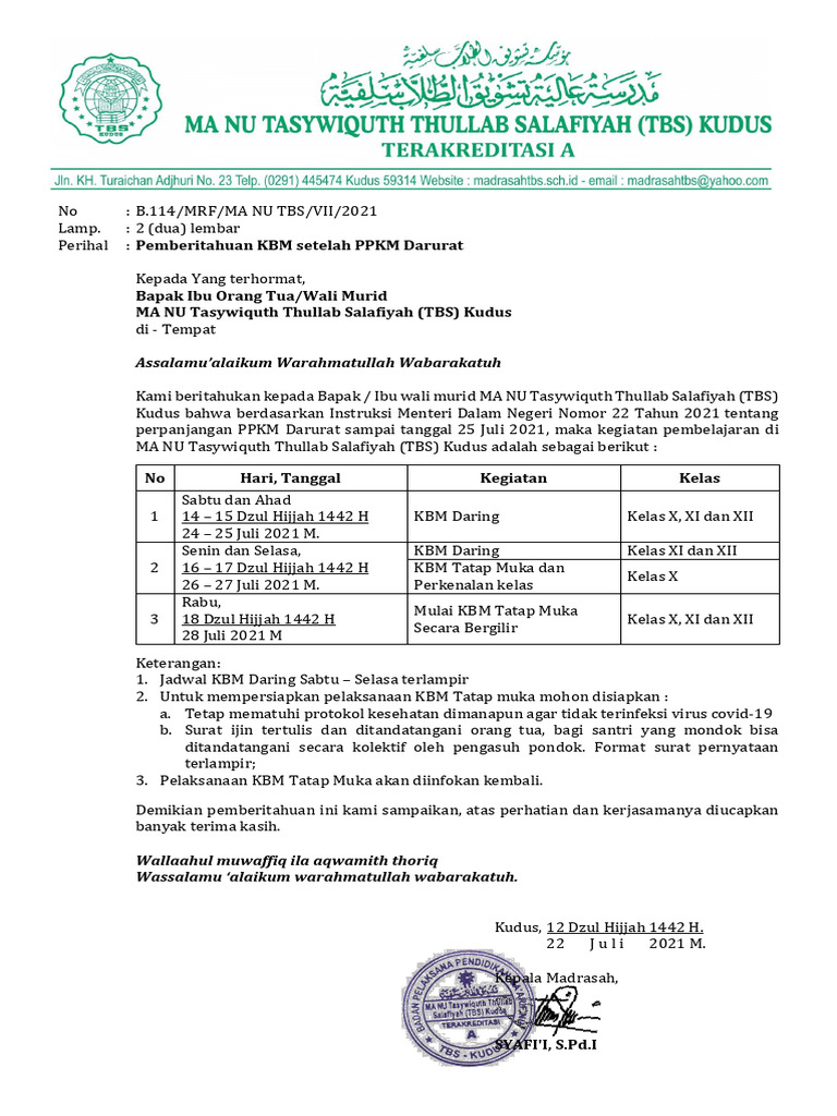 Pemberitahuan KBM | PDF
