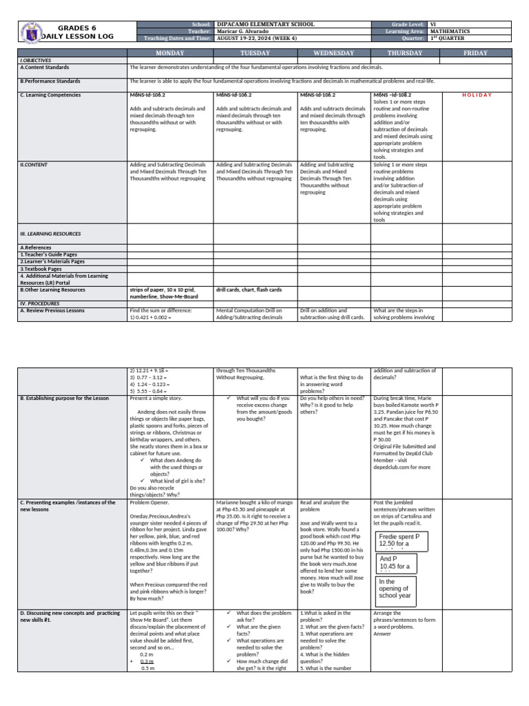 DLL - Mathematics 6 - Q1 - W4 | PDF