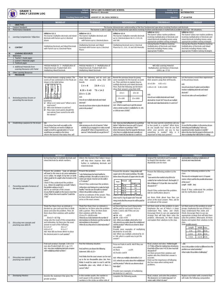 DLL - Mathematics 6 - Q1 - W5 | PDF