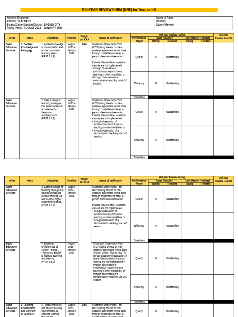 Mid Year Review Form S.Y. 2023 2024 | PDF | Teachers | Learning