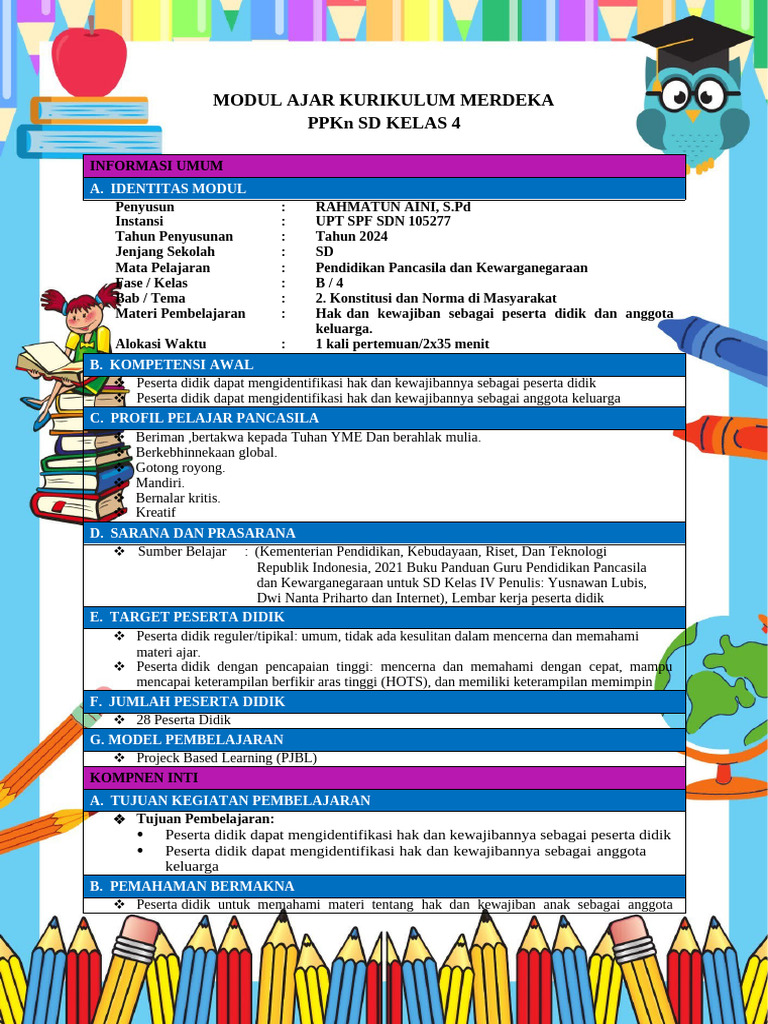Modul Ajar PKN Hak Dan Kewajiban Kelas 4 | PDF
