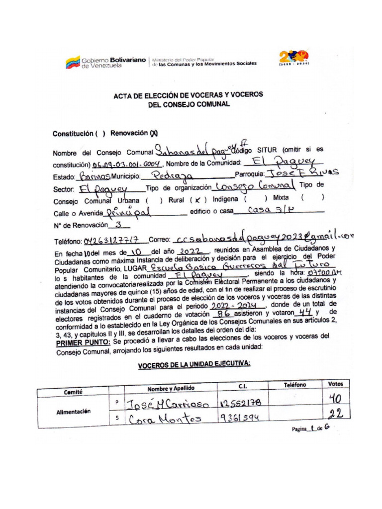 Acta de Eleccion de Voceras y Voceros Del Consejo Comunal | PDF