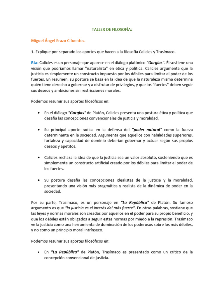 TALLER DE FILOSOFÍA Calicles y Trasimaco | PDF
