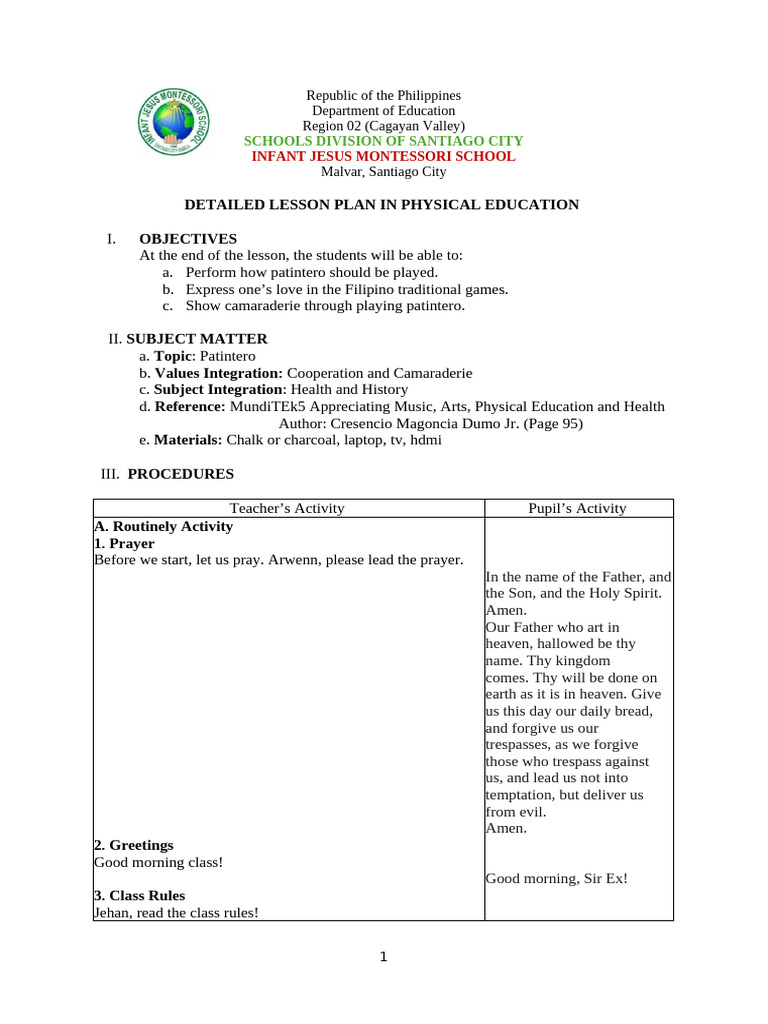 Detailed Lesson Plan in Physical Education | PDF