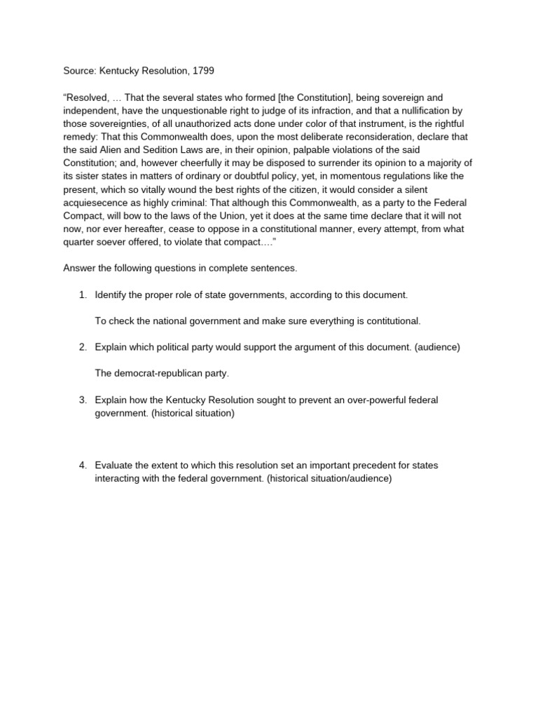 Kentucky Resolution, 1799 (APUSH Period 3) | PDF
