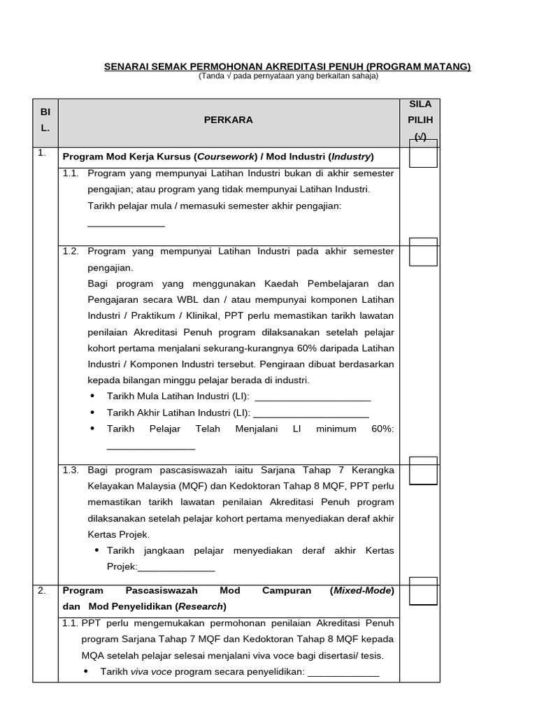 Senarai Semak Permohonan Akreditasi Penuh Program Matang | PDF
