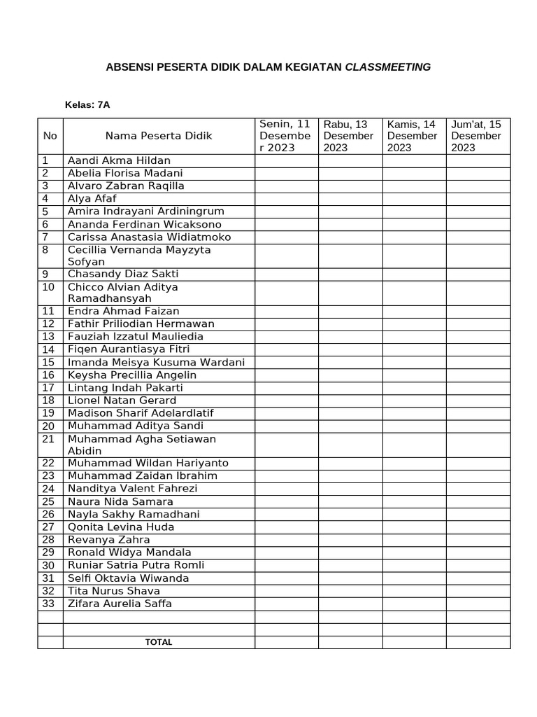 absen kelas 7 classmate | PDF