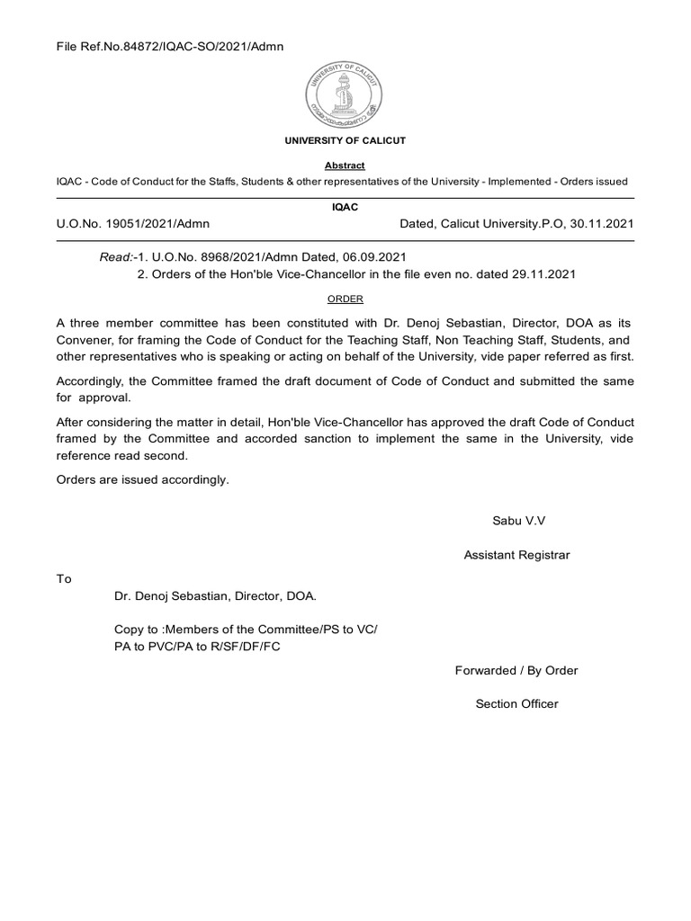 Code of Conduct University of Calicut | PDF