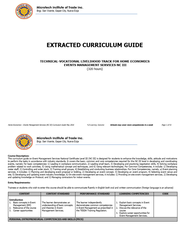 Extracted CURRICULUM GUIDE Events Management Services NC III | PDF ...