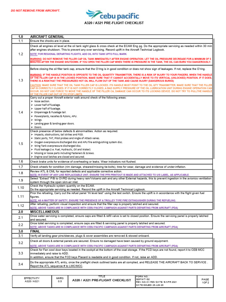 A320 A321 Pre Flight Checklist R01 | PDF