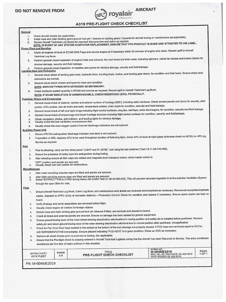 A319 Pre-Flight Check Checklist | PDF