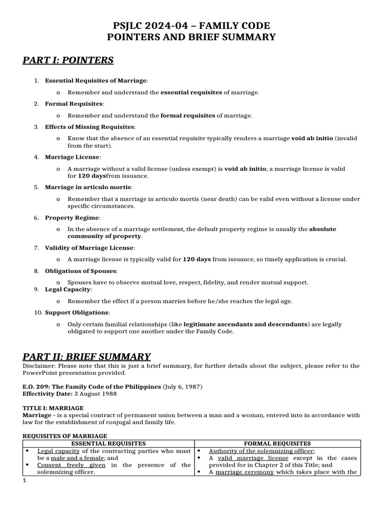 Family Code - Pointers and Lesson Summary - PSJLC 2024-04 | PDF
