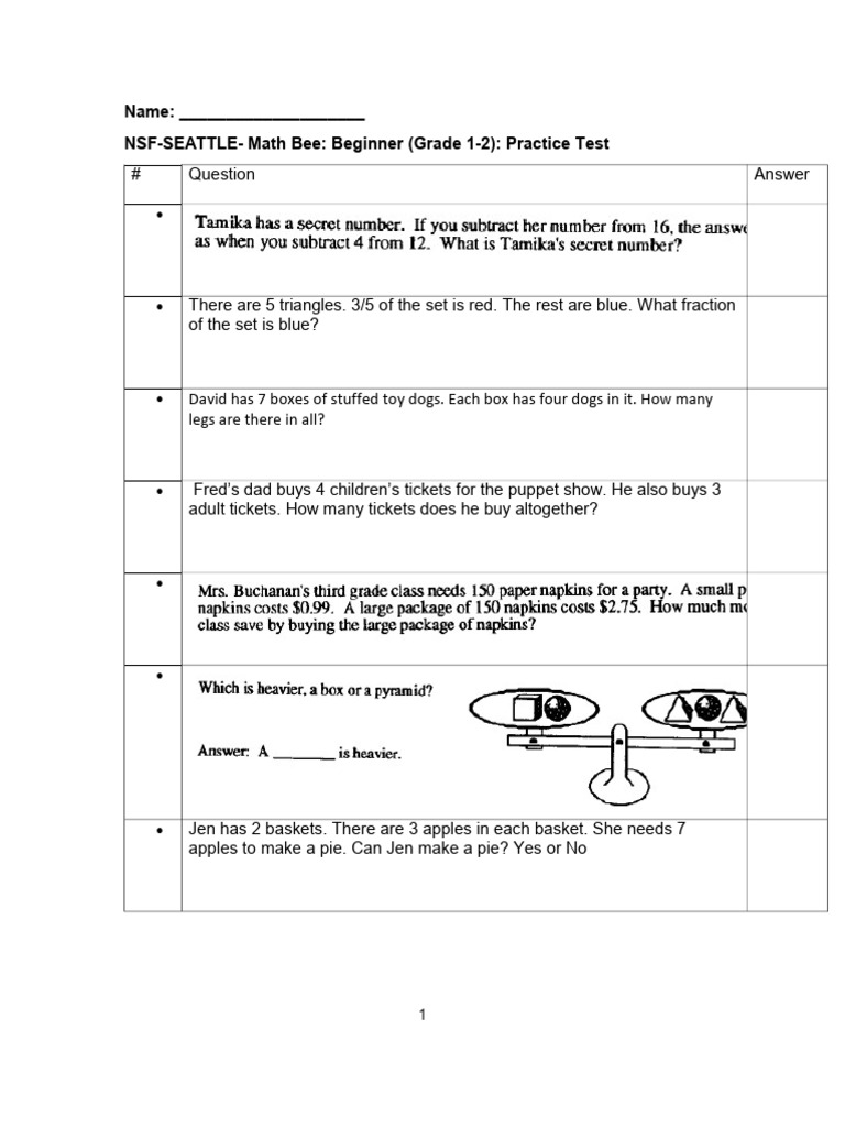 Math practice test for grades 1 _ 2 questions | PDF