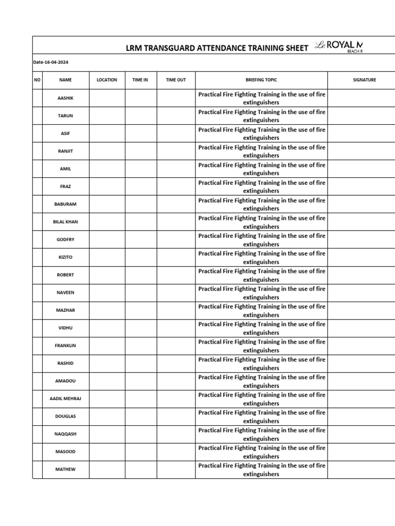 LRM Transguard Attendance Training Sheet: Date-16-04-2024 | PDF