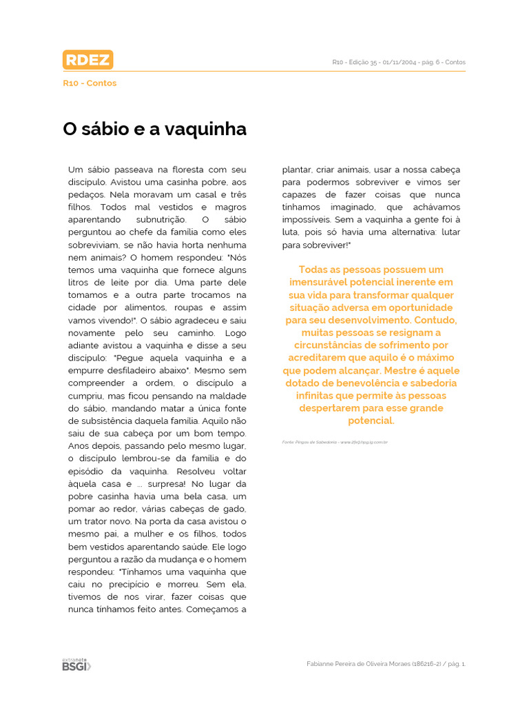 O Sabio e A Vaquinha | PDF