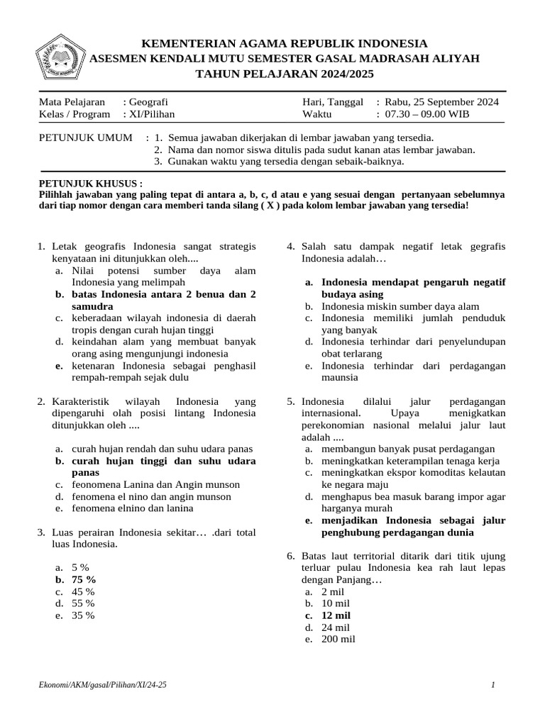 Soal Xi Geografi Akm Gasal 2024 | PDF