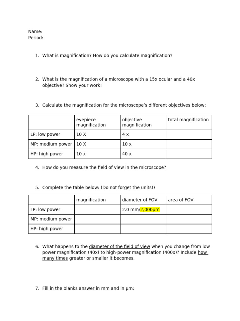 Microscopy Worksheet - Reduced v.2 | PDF