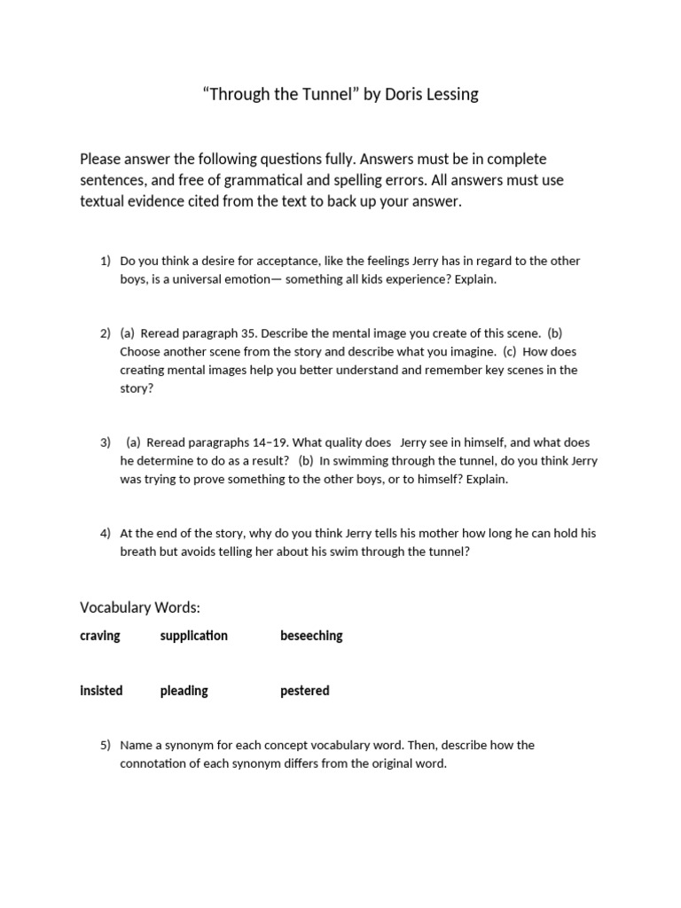 Through The Tunnel Questions | PDF