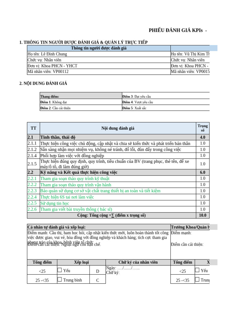 Bieu Mau KPI - Bs Chung | PDF