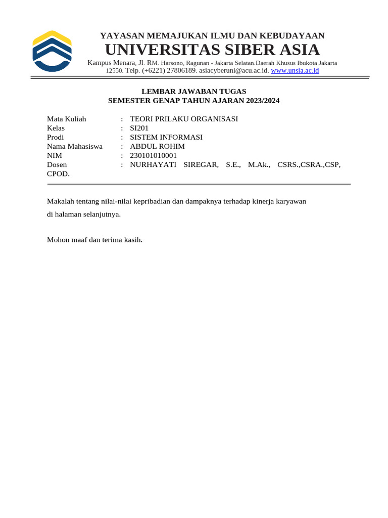 Abdul Rohim - 230101010001 - TUGAS - Teori Prilaku Organisasi | PDF