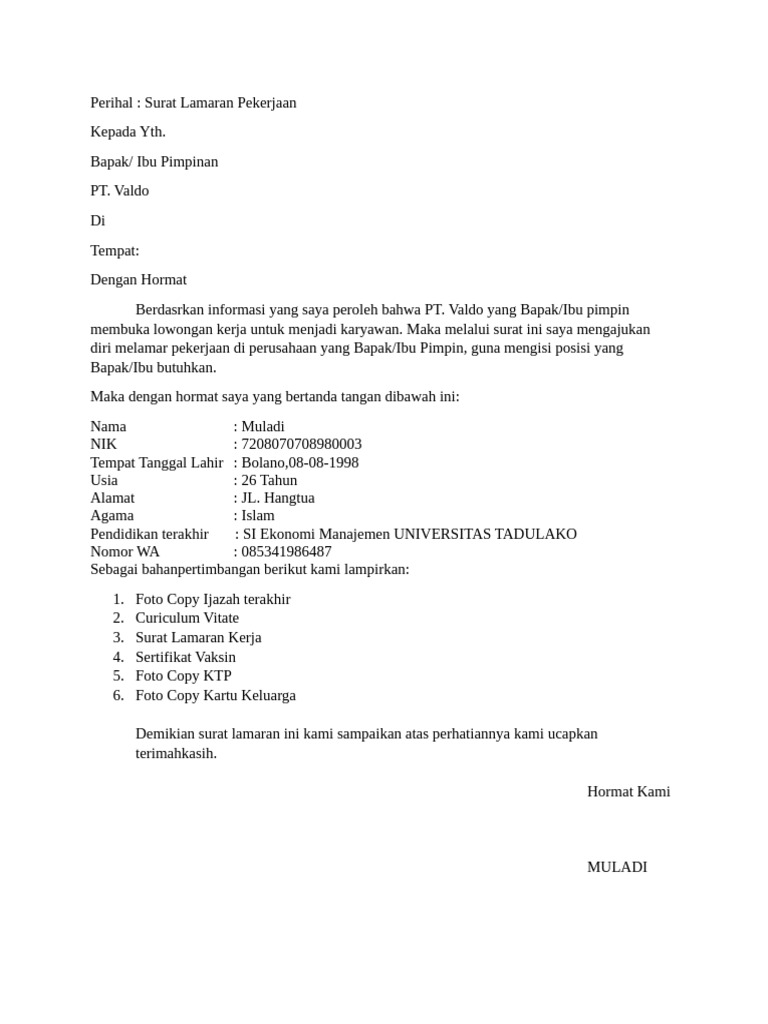 Lamaran Kerja Muladi | PDF