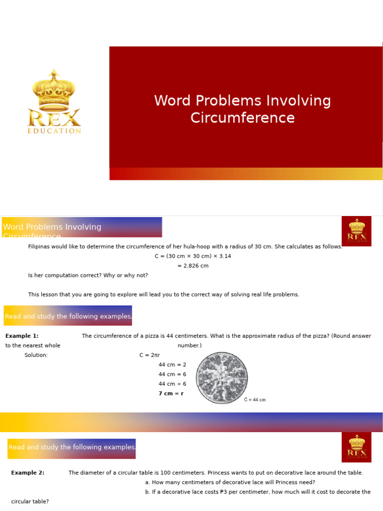 Word Problems Involving Circumference | PDF