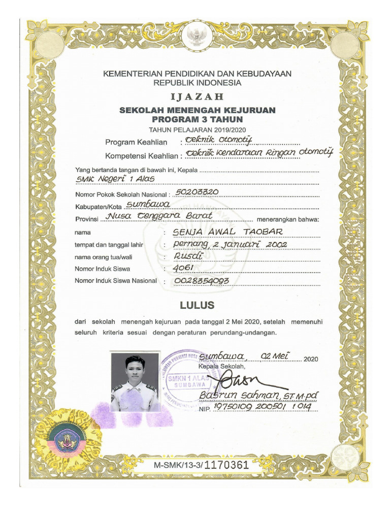 IJAZAH SENJA TKR | PDF