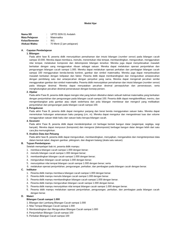 Modul Ajar Matematika Kelas 3 Bab 1 Pdf