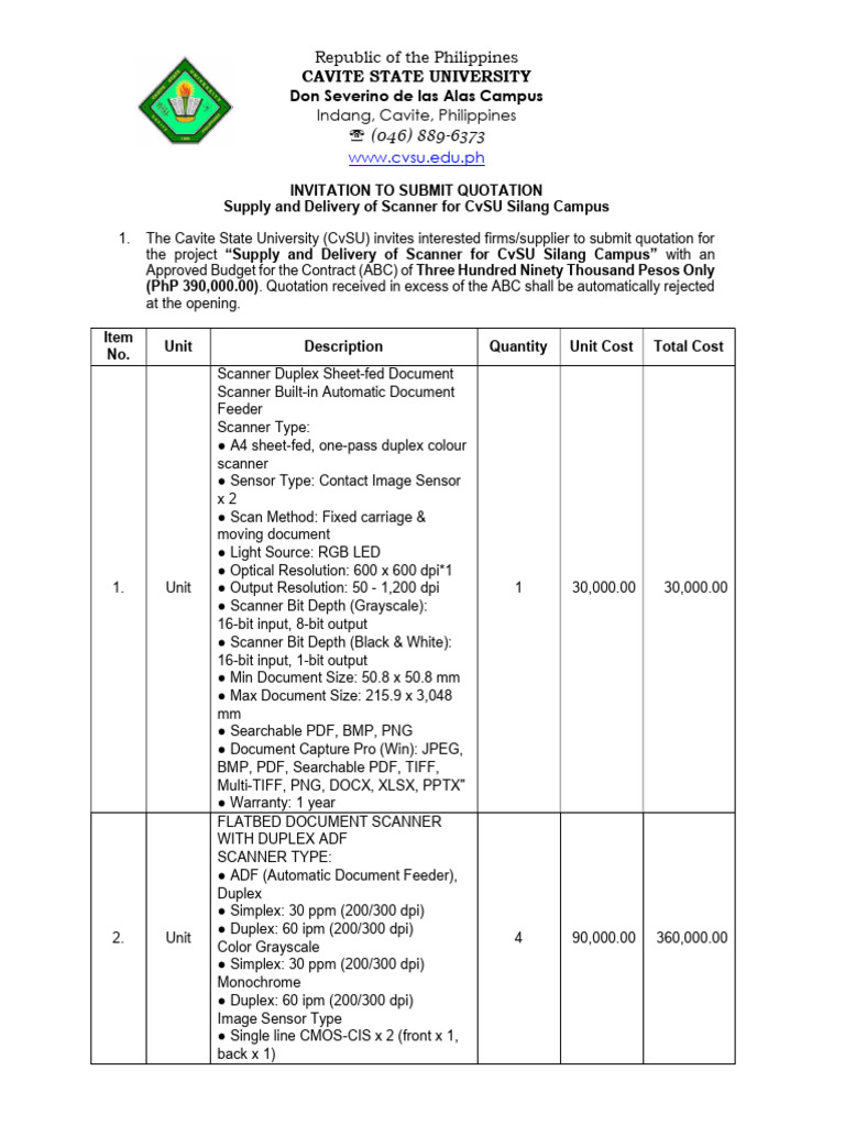 Supply and Delivery of Scanner For CvSU Silang Campus | PDF