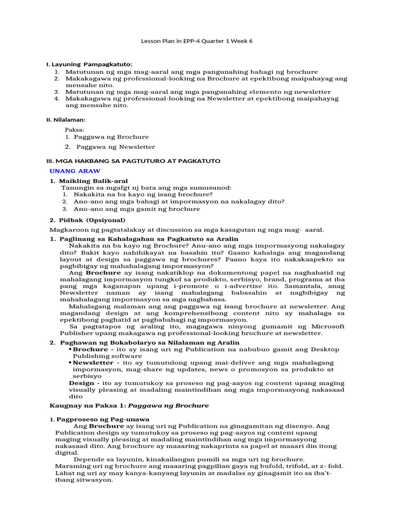 Lesson Plan in EPP4 Q1 Week 6 | PDF