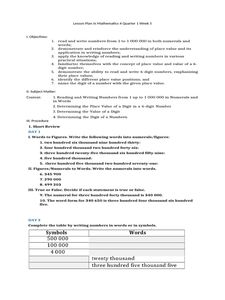 Lesson Plan in Mathematics 4 Q1 Week 5 | PDF