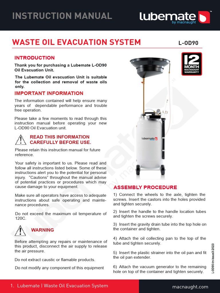 Instruction Manual: Waste Oil Evacuation System | PDF