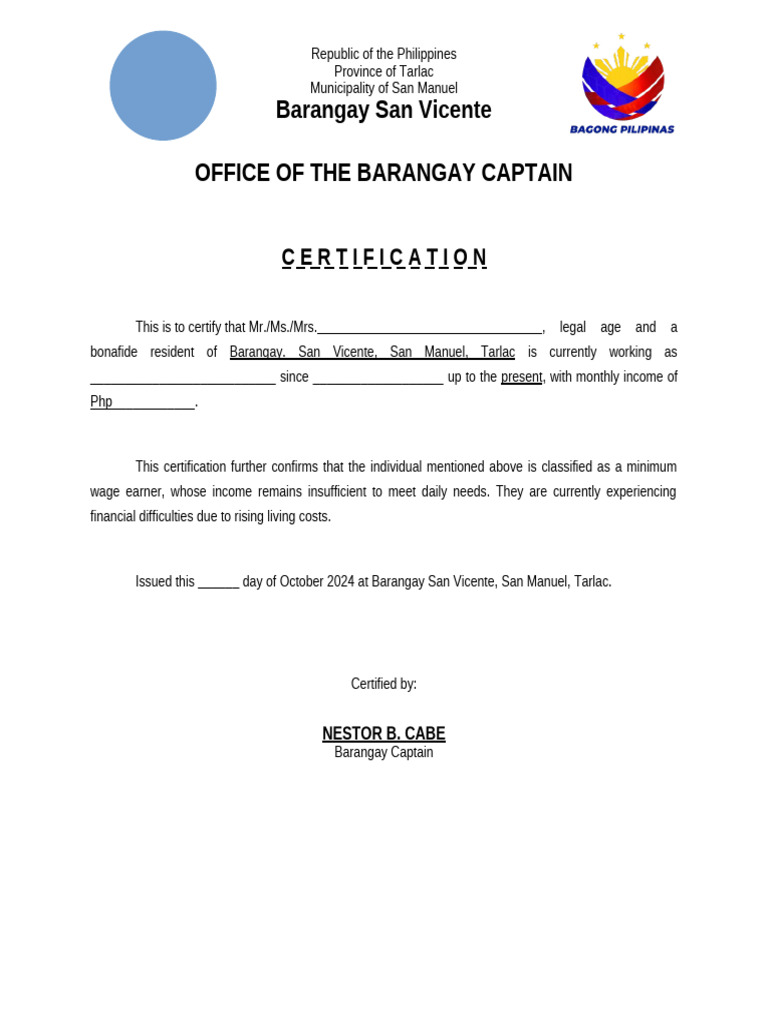 Barangay Certification Sample- Informal Sector(Akap Beneficiaries) | PDF