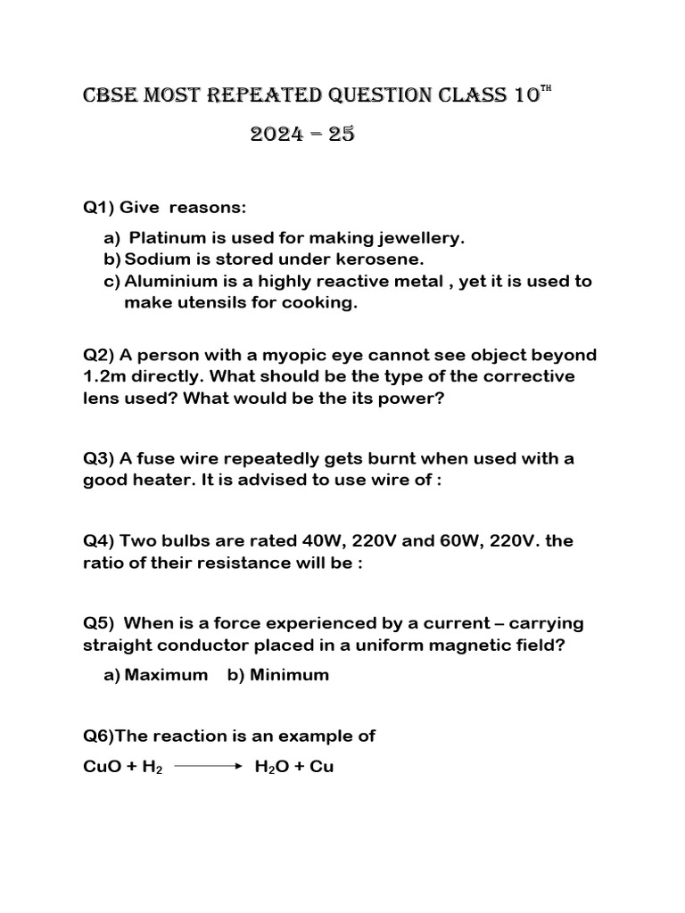 Cbse most repeated question class 10th | PDF