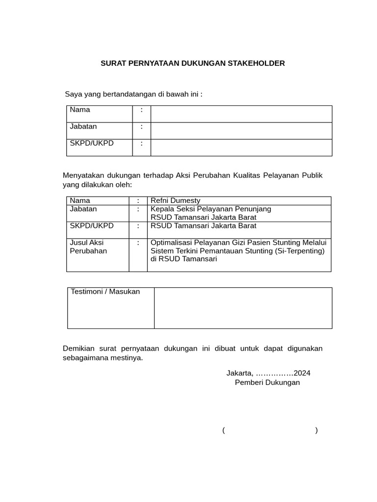 Surat Pernyataan Dukungan Stakeholder | PDF