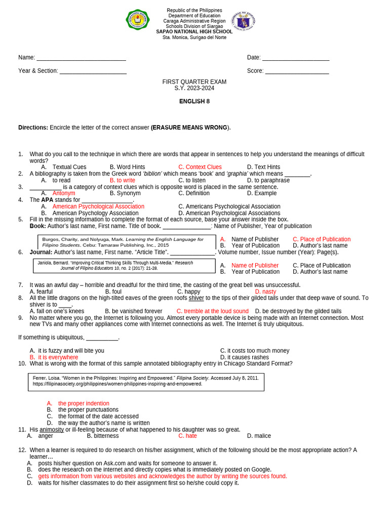 Grade 8 Questionnaire With Answers Key | PDF