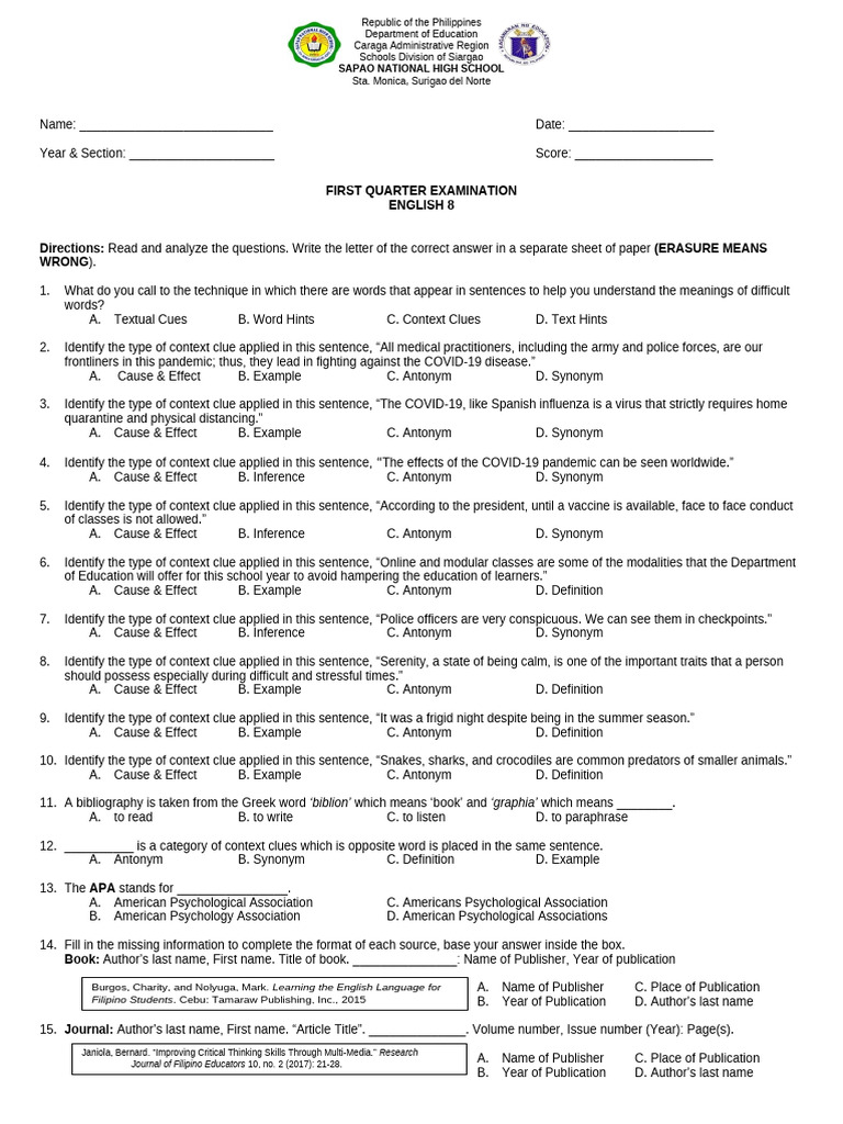 Grade 8 Questionnaire | PDF
