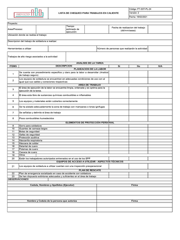 FT-SST-PL-24 Lista de Chequeo Caliente | PDF
