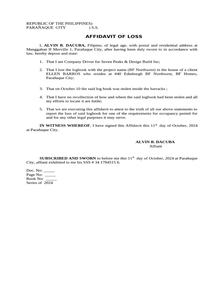 Affidavit of Loss - DACUBA | PDF